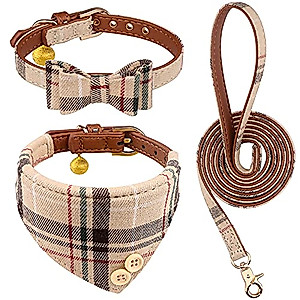 3 PCS Dog Collars for Small Dogs Puppy Collar and Leash Set Dog Bow Tie with Bell Puppy Bandana Leather Dog Collar for Small Dogs Puppies and Cats(Beige)