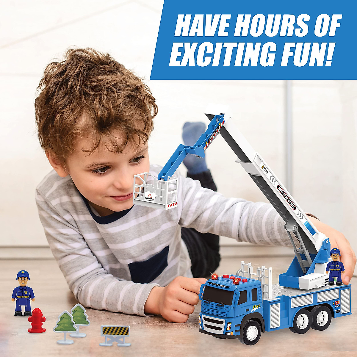 Police Fire Truck Toy - 1:12 Scale Push and Go Realistic Vehicle Playset, 3 Law Enforcement Fire Trucks Action Figure, Extendable Ladder, Accessories w/Lights Sounds for Kids 3 4 5 6 7 8 Year Old