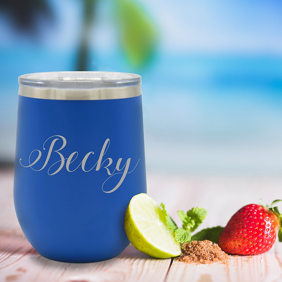My Personal Memories Custom Engraved Insulated Stemless Wine Tumbler Cup - Personalized Bridesmaid Beach Pool Girls Fun - Monogrammed (Deep Blue)
