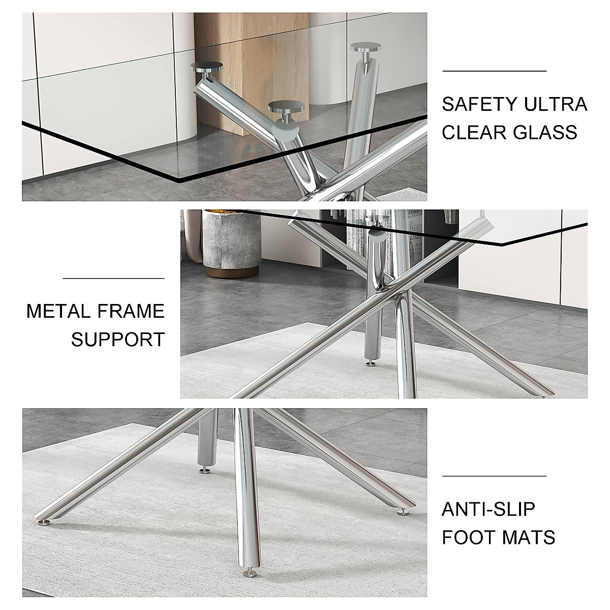 Ball & Cast 71" Modern Glass Dining Table with Rectangular Tempered Tabletop,Dinner Desk W/Silver Chrome Metal Legs,for Home,Kitchen,Dining Room,Office,Silver+Clear