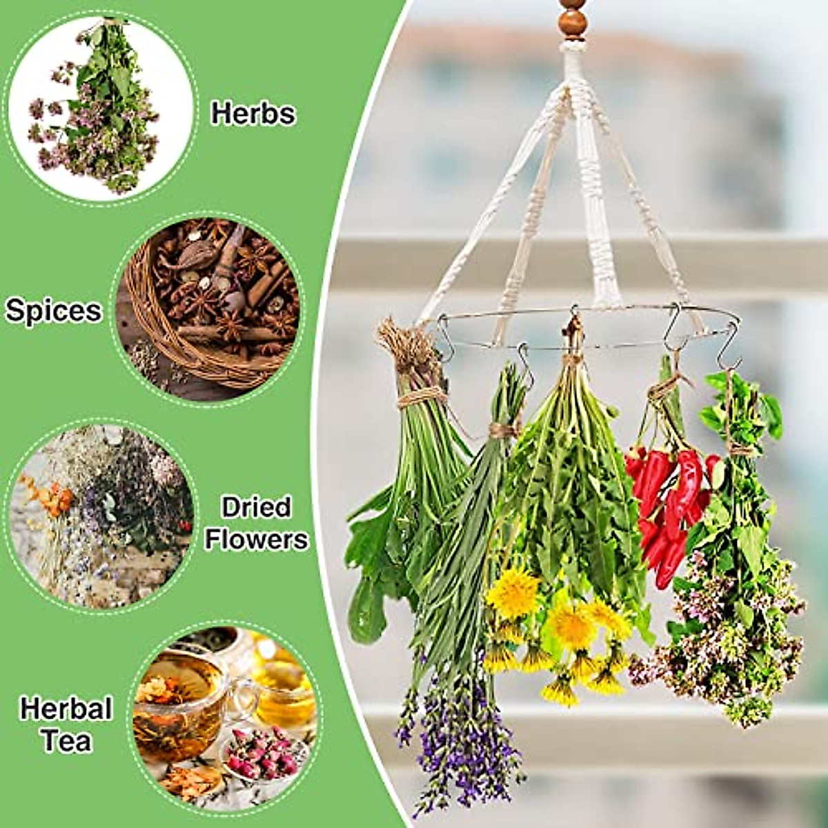 2 Pcs Hanging Drying Rack for Herbs - Macrame Mobile Flower Drying Hanger with 20 Herb Dryer Hooks, Boho Handcrafted Cotton Rope Chic Woven Herbal Drier with Wooden Hanging Ring for Hydroponic Plants