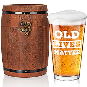 LIGHTEN LIFE Old Lives Matter Beer Glass 16 oz,Unique Pint Glass in Valued Barrel Box,Birthday or Retirement Beer Glass Gfit for Dad,Grandpa,Senior Citizen,Old Men Women