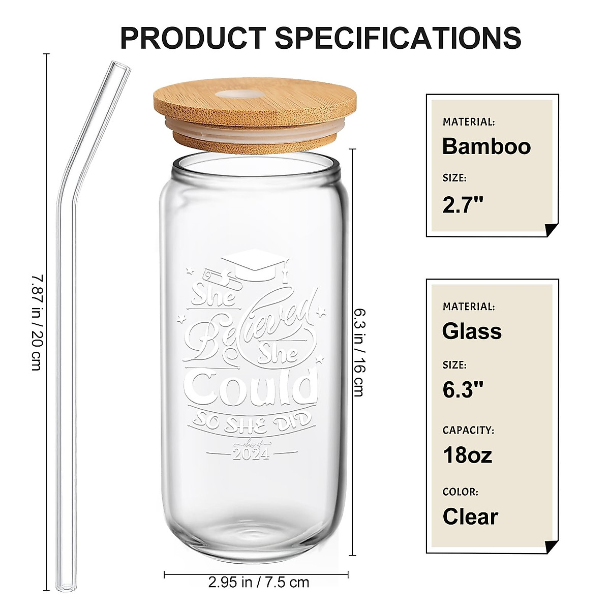 Graduation Gifts - Graduation Gifts for Her 2024 - Class of 2024 - She Believed She Could So She Did - Graduation College Student Gifts New Job Gift Congratulations Gifts - 18oz Glass Coffee Cup