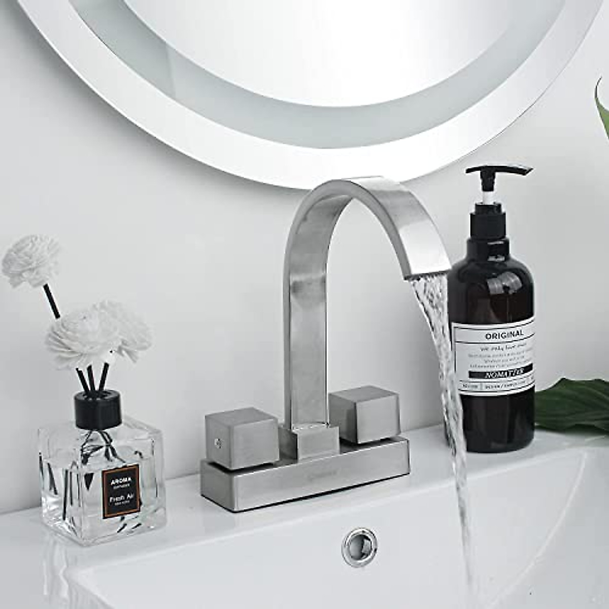 SOLVEX Waterfall Bathroom Faucet 2 Handle,4 Inch Centerset Bathroom Sink Faucet,3 Hole Bathroom Faucet Brushed Nickel,Bathroom Basin Faucet with Deck Mounted Square Handle,SP-40060-2