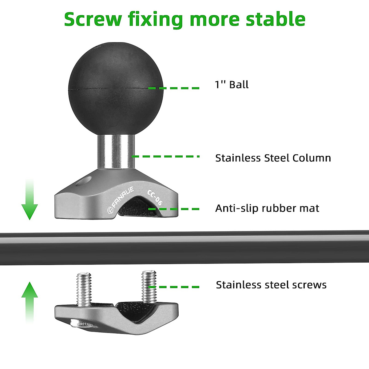 FANAUE Motorcycle Phone Mount for Rearview Mirror Clip U-Bolt Base, 360° Adjustable with Built-in Rubber Pads and Tether,Compatible with RAM Mounts (CC-06T)