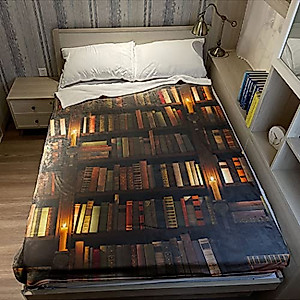 XSMEI Vintage Library Blanket Soft Warm Flannel Plush Throw Blankets Vintage Bookshelf with Candle Lighting,60 x 80 Inch