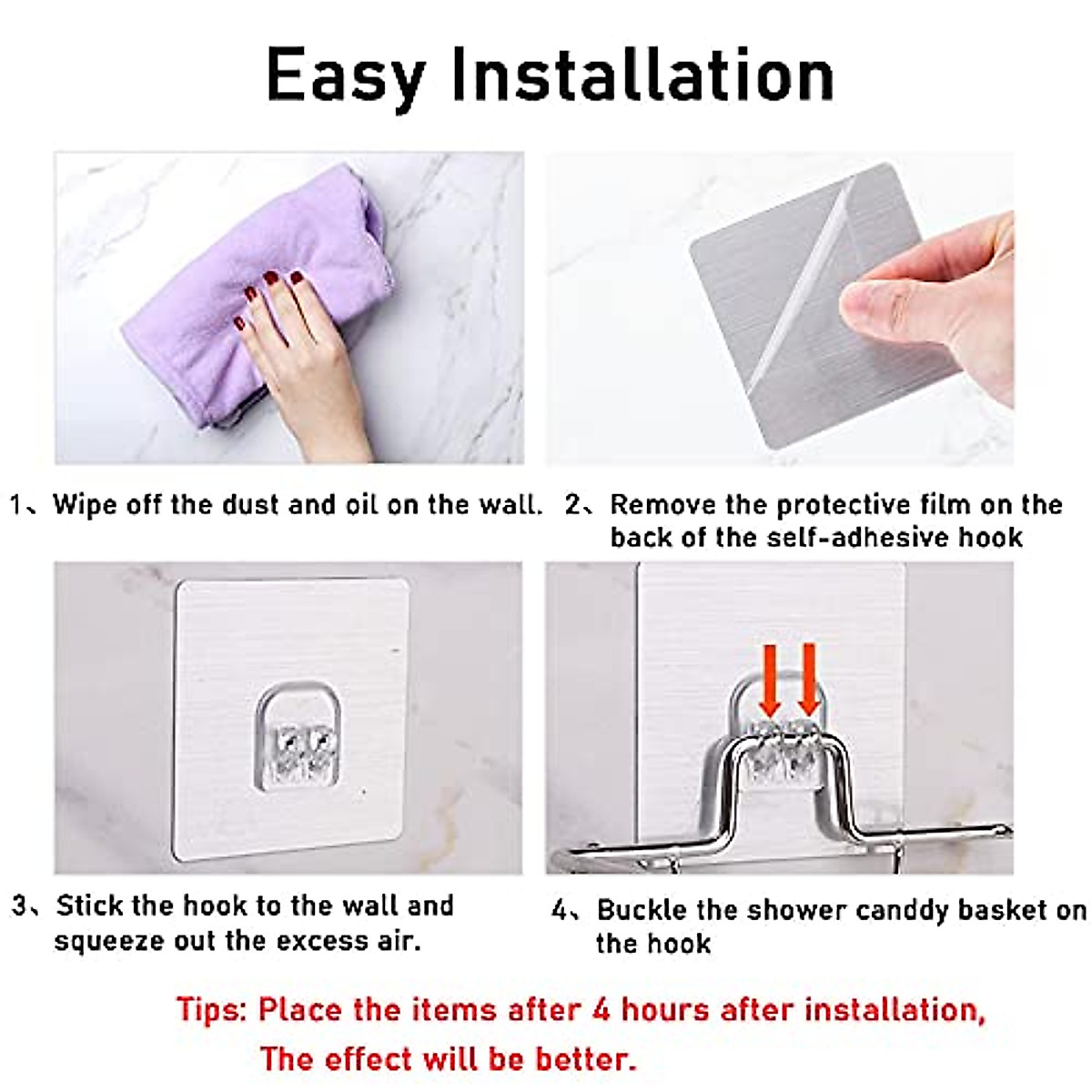 4pcs Shower Caddy Adhesive Sticker Hook Mount for Shower Caddy Basket Bathroom Shelf Soap Dish Holder Kitchen Sink Caddy Replacement Adhesive Hooks (Silver 4pack) (Transparent)