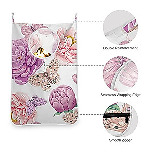 susiyo Blooming Flowers Peonies Butterflies Hanging Laundry Hamper Bag with Free Adjustable Stainless Steel Hooks 2PCs PVC Sticky Hooks Foldable Dirty Clothes Storage Saving Space for Bathroom Bedroo