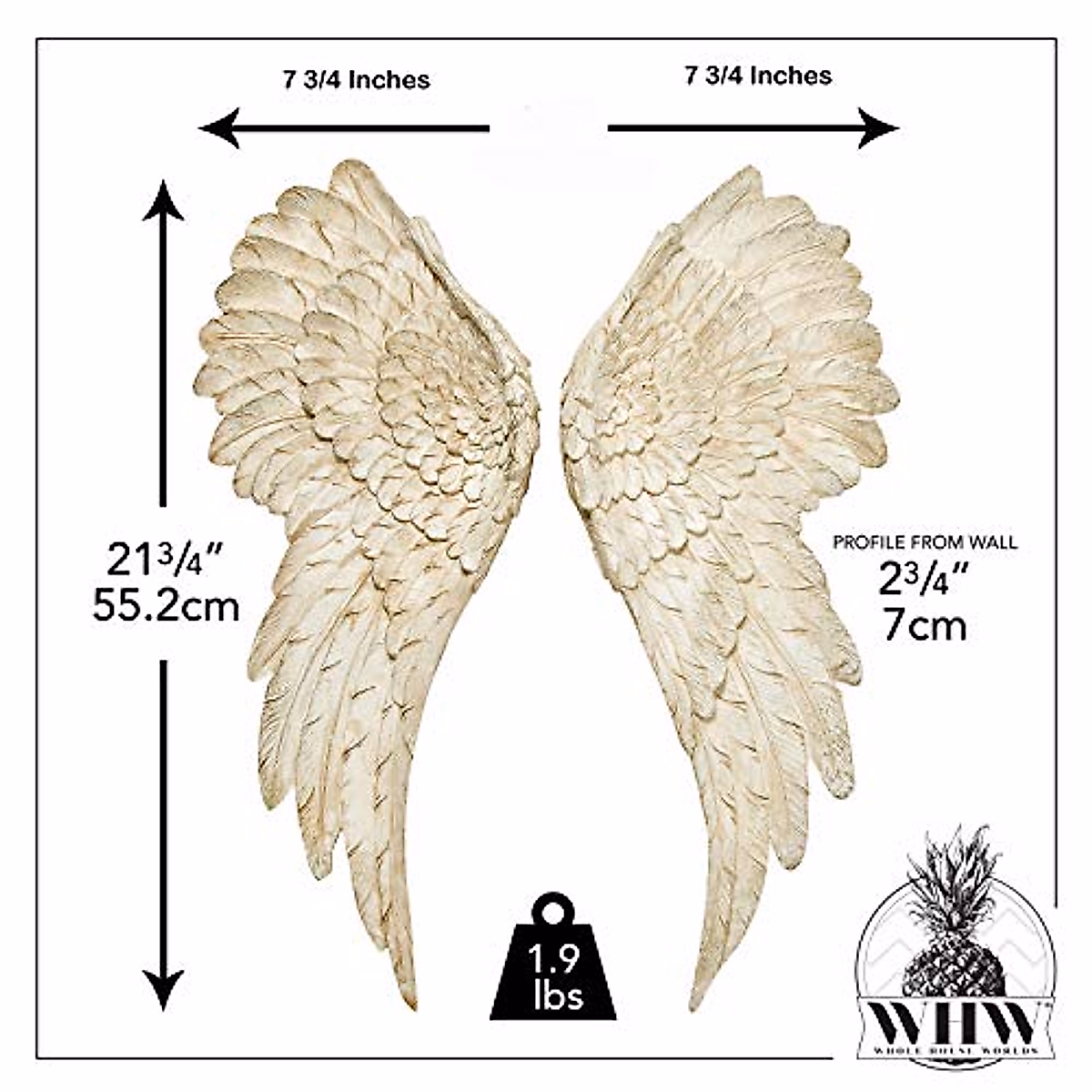 WHW Whole House Worlds Grand Tour Angel Wings, Vintage Style, Set of 2, Antique White, Artisinal Design, Hand Crafted, Bas Relief Sculptures, 21.75 Inches Tall