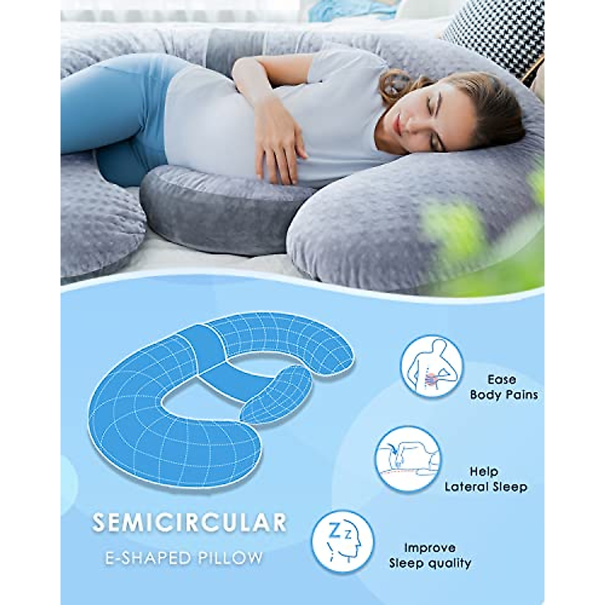 QUEEN ROSE Pregnancy Pillows, E Shaped Full Body Pillow for Sleeping, with Pregnancy Wedge Pillow for Belly Support, 60 Inch Maternity Pillow for Side Sleeper, Grey Bubble Velvet