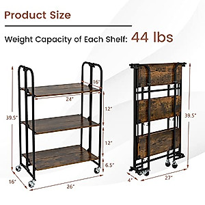 Giantex Foldable Storage Shelves with Wheels, No Assembly 3-Tier Rolling Cart, 2 of The Wheels Have Locks, Microwave Utility Cart Baker Rack, Portable Storage Rack w/Metal Frame, for Kitchen, RV