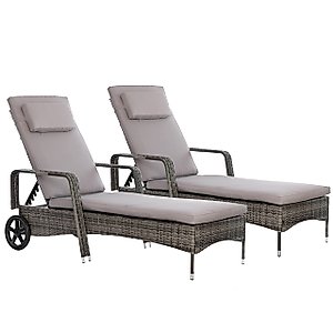 Gardenised Outdoor Weather Resistant Beach or Poolside Rattan Lounge Chair, Charcoal, Set of 2, Brown