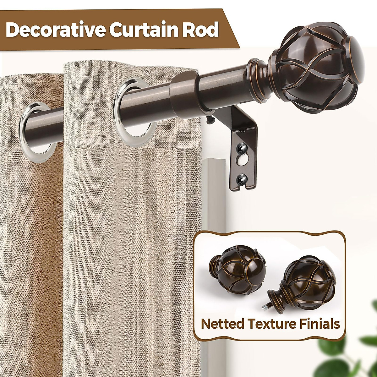 KAMANINA Single Curtain Rod 32 to 58 Inch(2.6-4.8Ft), 7/8 Inch Antique Bronze Adjustable Drapery Rod for Windows, Decorative Netted Texture End