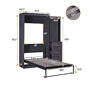 ATY Twin Size Murphy Bed with Wardrobe and Drawers, Wood Storage Bedframe Can be Folded into a Cabinet, Bedroom Furniture, Save Space Design, No Box Spring Required, Gray