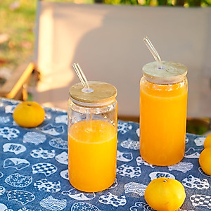 [ 8-Piece Set ] Bamboo Lid Glass Drinking Glasses with Glass Straw - 16-ounce Can Shaped Glassware for Beer, Iced Coffee, Cocktails, Whiskey, and More, Perfect for Cocktails, Whiskey, and Gifting