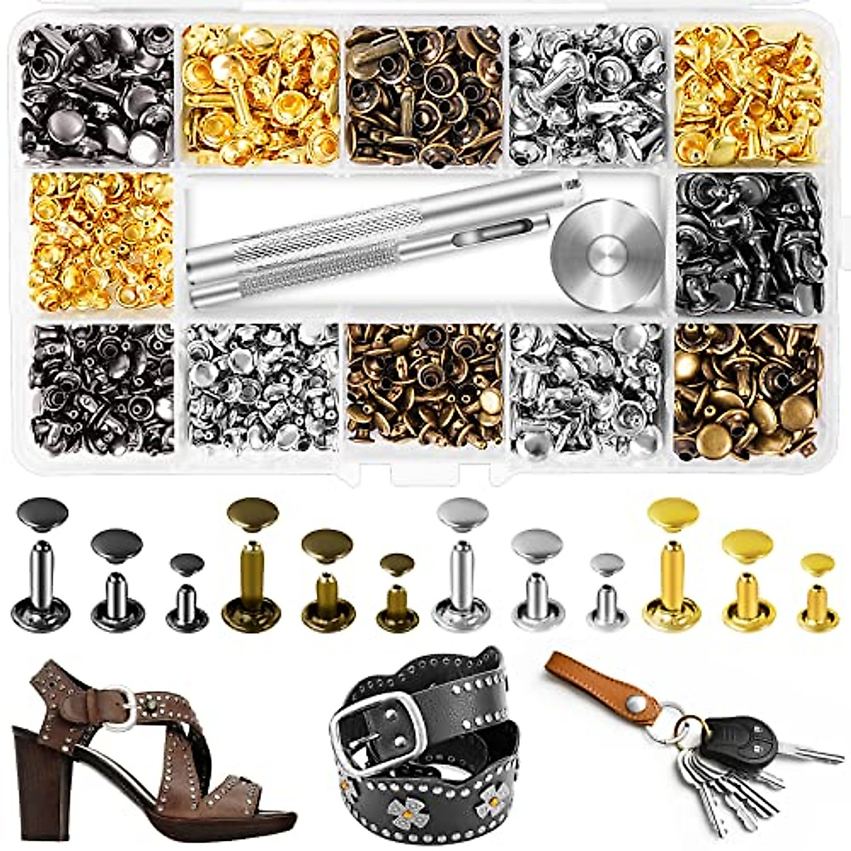 420 Sets Leather Rivets Kit, Double Cap Brass Rivets Leather Studs with 3PCS Setting Tools for Leather Repair and Crafts, 4 Colors and 3 Sizes
