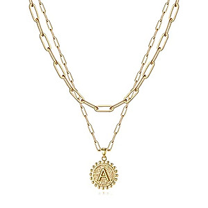 Gold Necklaces for Women , 14K Plated Layering Necklace Paperclip Link Choker Chain Personalized Layered Women Disc Initial Pendant A