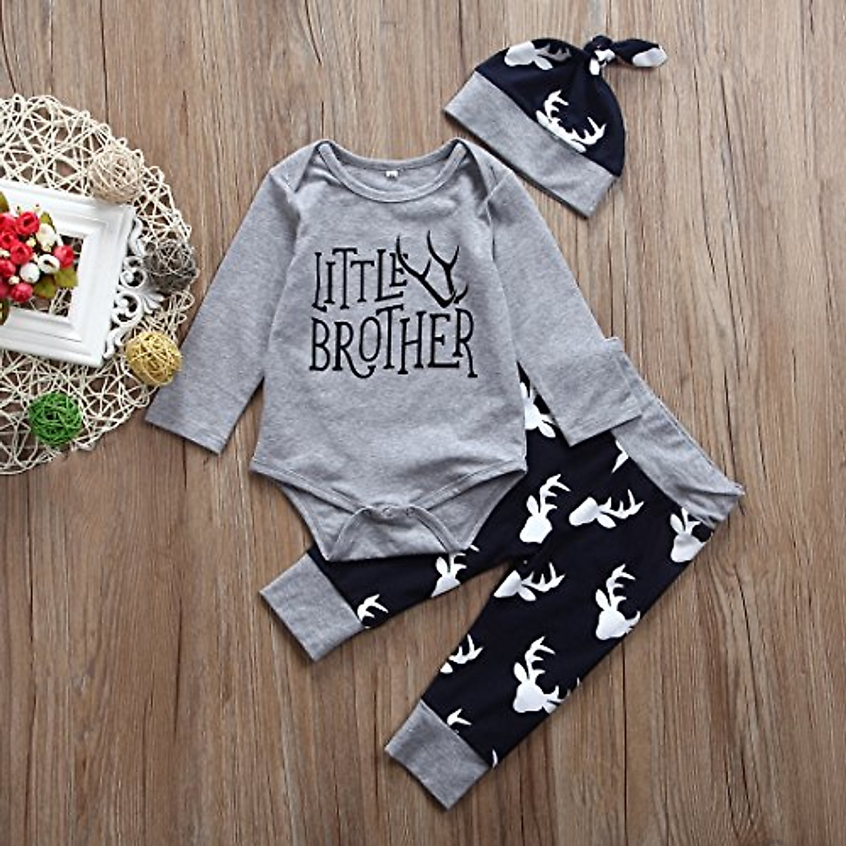 3PCS Newborn Baby Boys Cute Little Brother Romper+Pants+Hat Outfits Matching Set (0-6 Months, Little Brother)