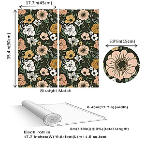 Abyssaly Vintage Large Floral Peel and Stick Wallpaper Boho, Retro Removable Flower Contact Paper for Bathroom, Dark/Sand/Green Vinyl Self Adhesive Wall Paper 17.7inchesx118inches