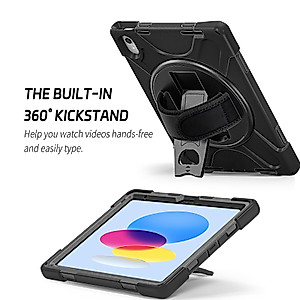 ZenRich iPad 10th Generation 10.9'' Case 2022, A2757/A2777/A2696 Full-Body Drop Protection Rugged Case with [Pencil Holder] [360° Rotate Kickstand Hand Strap] [Shoulder Strap], Black