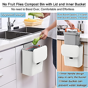 Tiyafuro Upgraded 2.4 Gallon Kitchen Compost Bin with Inner Bucket, Hanging Small Trash Can with Lid for Under Sink, Cupboard, Bathroom, Bedroom, Office, Camping, Mountable Indoor Compost Bucket White