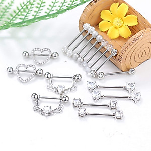 FINREZIO 8 Pairs 14G Nipple Rings 316L Surgical Steel Heart CZ Tongue Barbell Body Piercing Shield Ring Set 5/8 Inches(Silver tone)