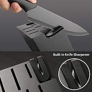 KATISUN 16 Pieces Kitchen Knife Block Set with Cutting Board, German Stainless Steel Knife Set with Sharpener, Dishwasher Safe, Anti-Slip Handle, 6 Steak Knives, Black