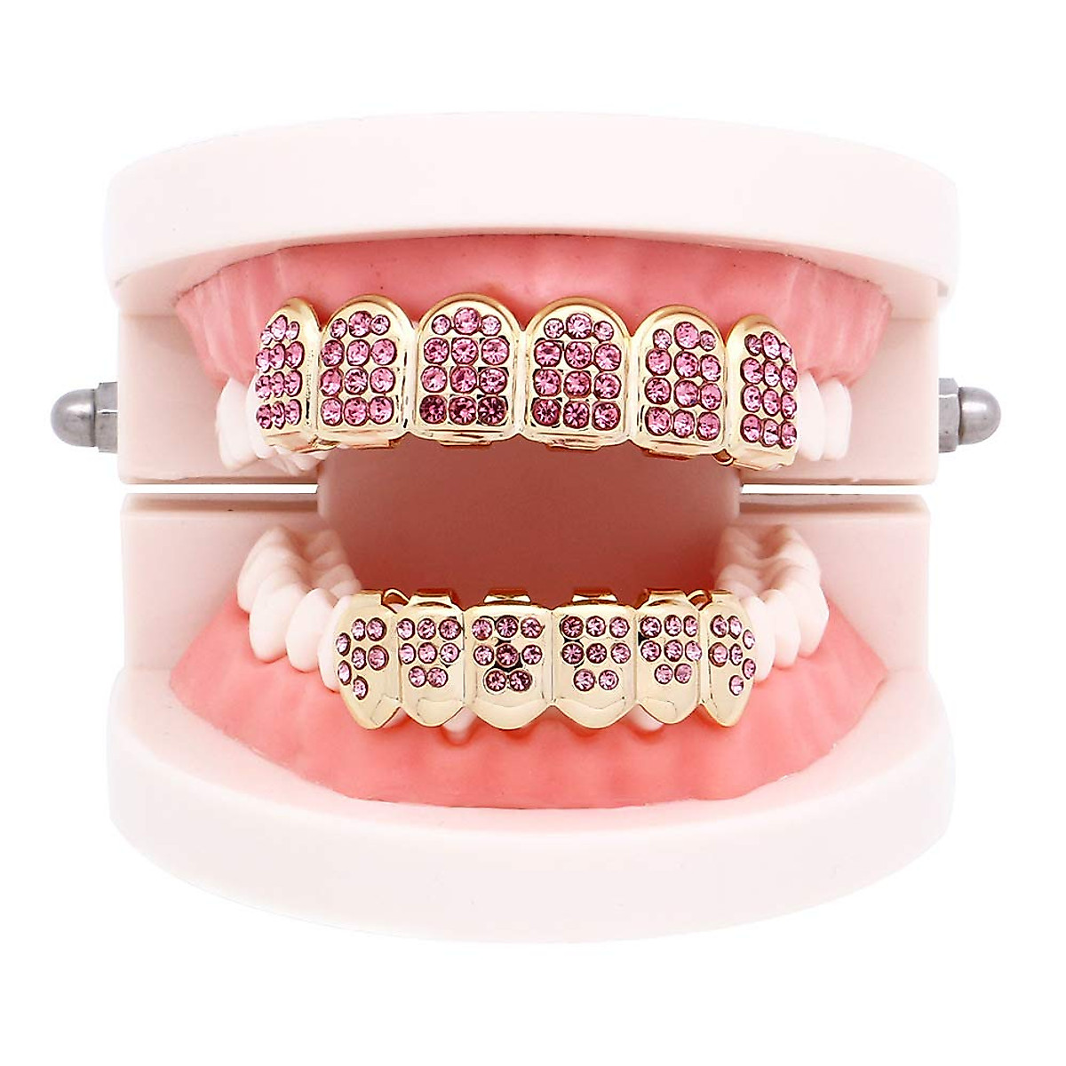18K Gold Plated Iced Out CZ with Red Blue Pink Diamond Top and Bottom Grills for Your Teeth Men Women Hip Hop Jewelry