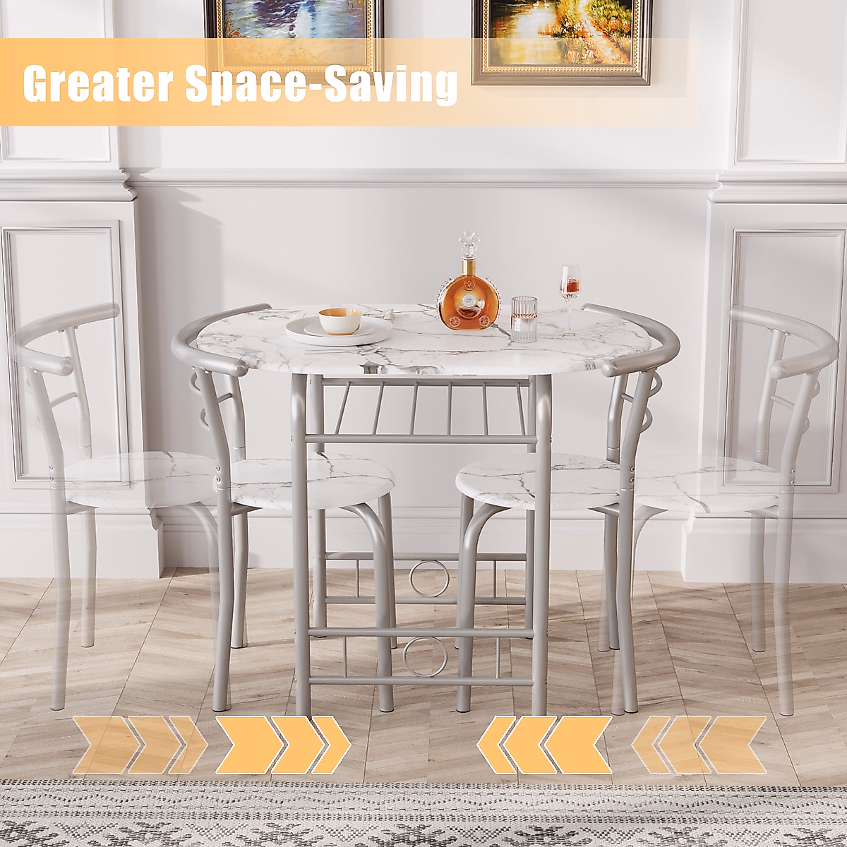 JUMMICO 3-Piece Wooden Round Table & Chair Set, Space Saving Kitchen Breakfast Nook Wood Grain Tabletop with Metal Frame and Built-in Wine Rack for Kitchen, Dining Room (White/Silver)