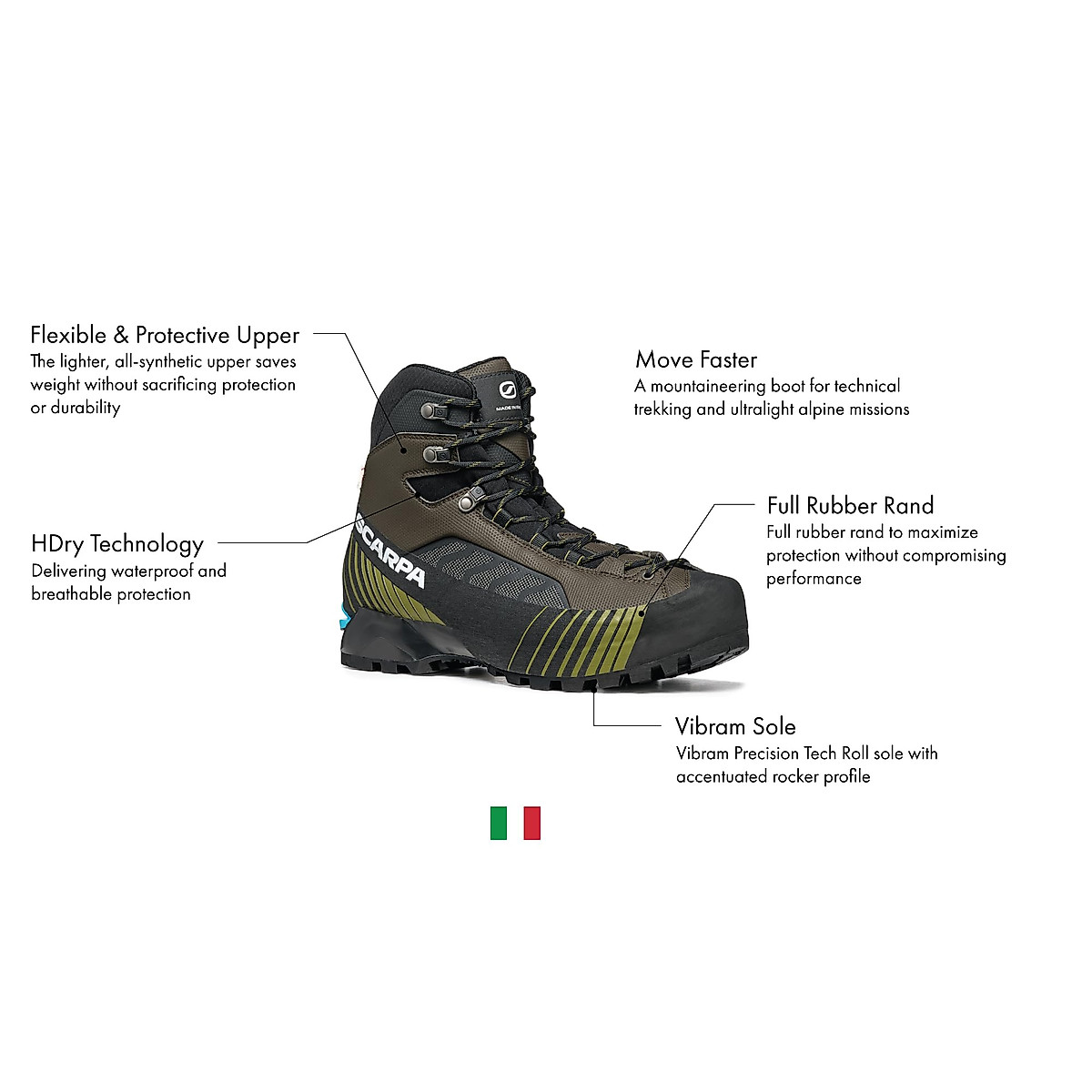 SCARPA Men's Ribelle Lite HD Lightweight Waterproof Boots for Hiking and Mountaineering - Cocoa/Moss - 8-8.5
