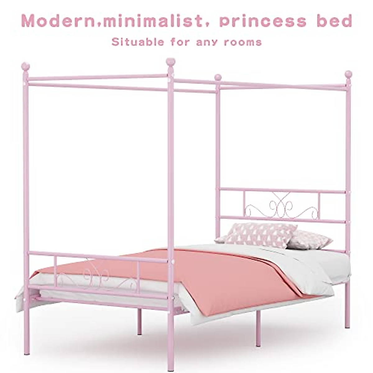 Weehom Metal Canopy Bed Frame Platform Bed 4 Posters Sturdy Steel Mattress Foundation with Headboard and Footboard Box Spring Replacement Easy DIY Assembly Twin,Pink