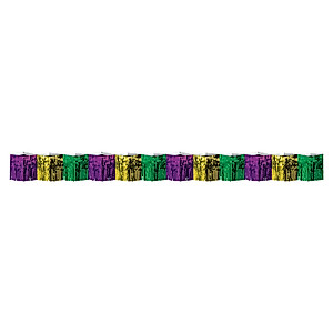 Beistle Mardi Gras Metallic Plastic Fringe Drape for Sidewalk Awnings Street Festivals Parade Float Decorations Party Supplies, 12" x 12", Gold/Green/Purple