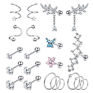 Drperfect Cartilage Helix Tragus Conch Piercing Jewelry 20G 16G Stainless Steel CZ Butterfly Flower Curved Spiral Cartilage Earring Set for Women Men Hoop Stud Ear Piercing Jewelry