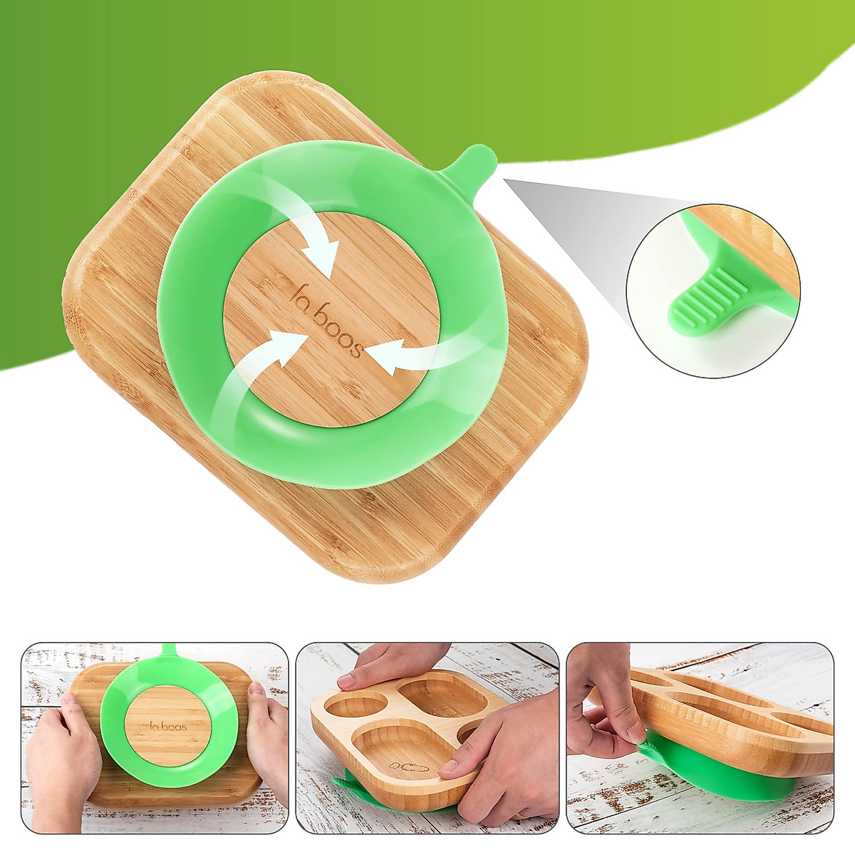 laboos Kid Portion Control Plate - Natural Bamboo Plates for Kids' Healthy Diet - Sturdy Compartment Plates with Suction – Non-Toxic, BPA-Free, Dishwasher Safe - Cute Food Portion Plate for Toddlers