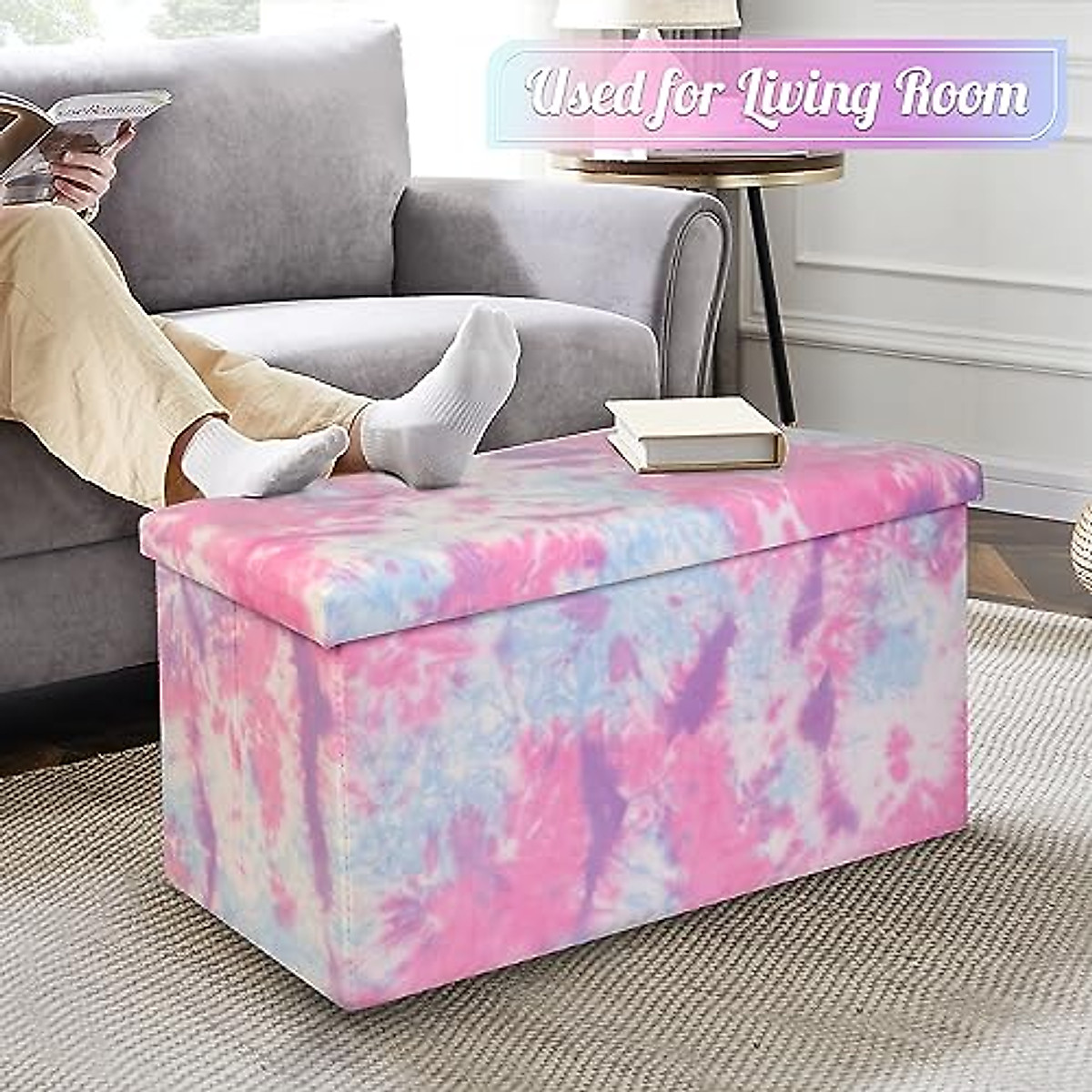 STORAGEPLUS 30 Inches Large Storage Ottoman Bench for Bedroom, Soft Cotton Fabric Tie Dye Foot Rest Stool with Premium Sponge Padded, Folding Ottoman Coffee Table with Storage for Living Room