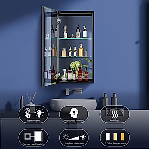 VESLINY LED Medicine Cabinet 20 * 30 inch Surface Mount 3 Color Adjustable Black Waterproof Aluminium Bathroom Lighted Medicine Cabinet Anti-Fog Medicine Cabinet Mirror with Lights