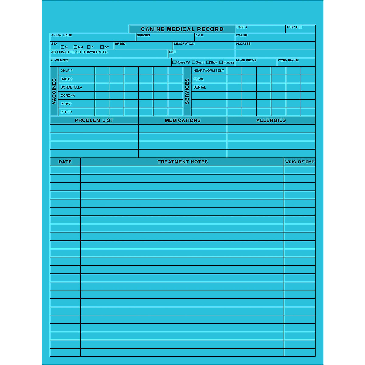 Tabbies Veterinary Canine Medical Record Form, Blue, 2-Sided, Heavy 100lb Stock, 8-1/2" W x 11" H, 250 Per Pack (V-CF100)