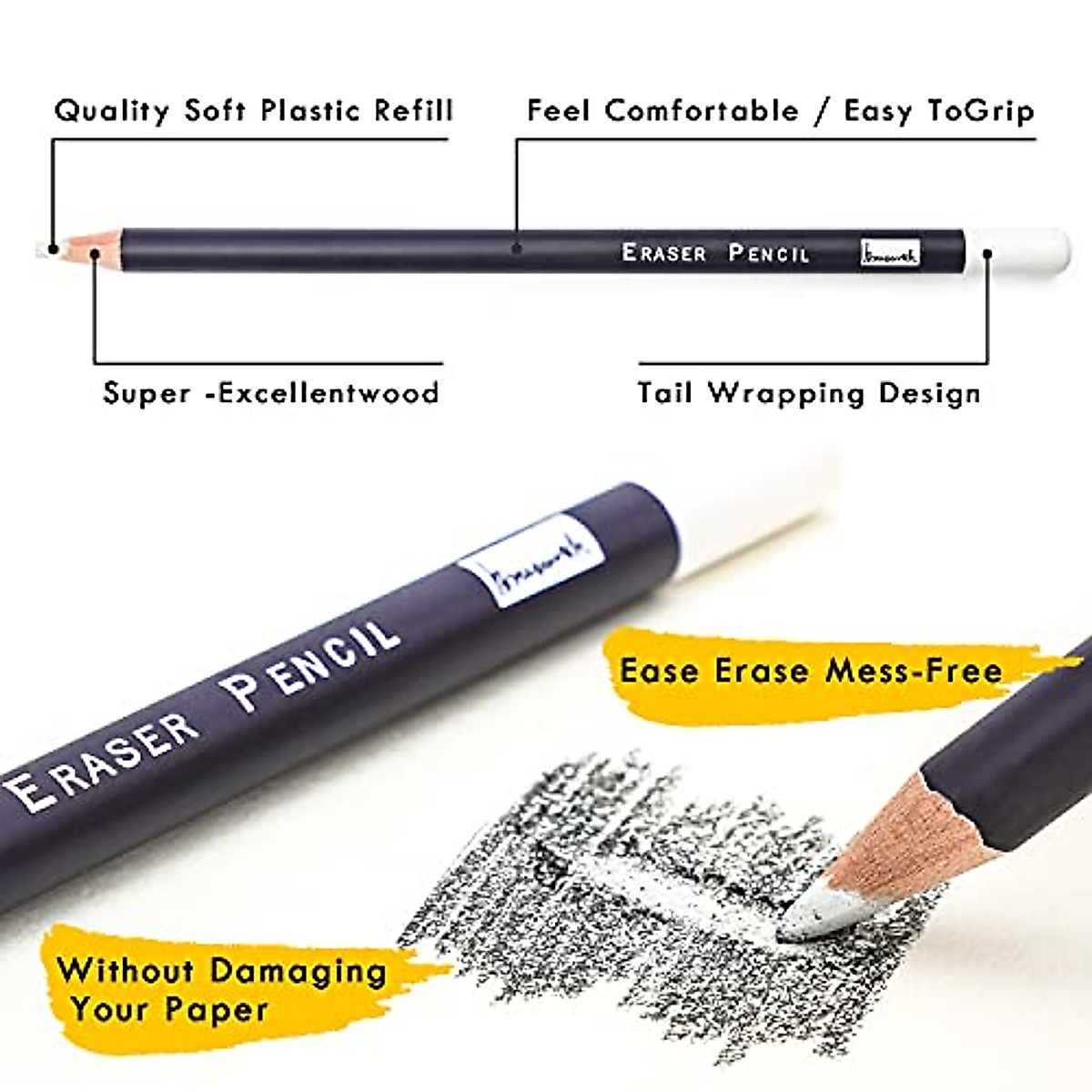 Brusarth Eraser Pencils Set - Professional 3pc Erasing Small Details or add Highlights for Sketching Pencils, Colored Pencils, Charcoal Drawings. Fine Detail Eraser for Beginners & Artists