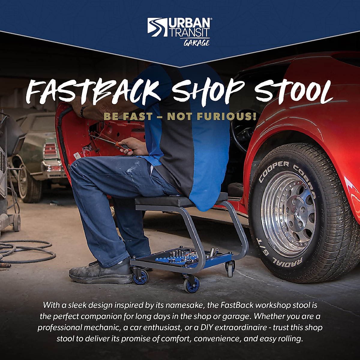 URBANTRANSIT FastBack Shop Stool - 350 Lb Capacity Rolling Stool for The Garage and Workshop, with Organizer Tray and Cupholder - 3 Inch Premium Casters - an Ideal Mechanics Stool or Workshop Stool