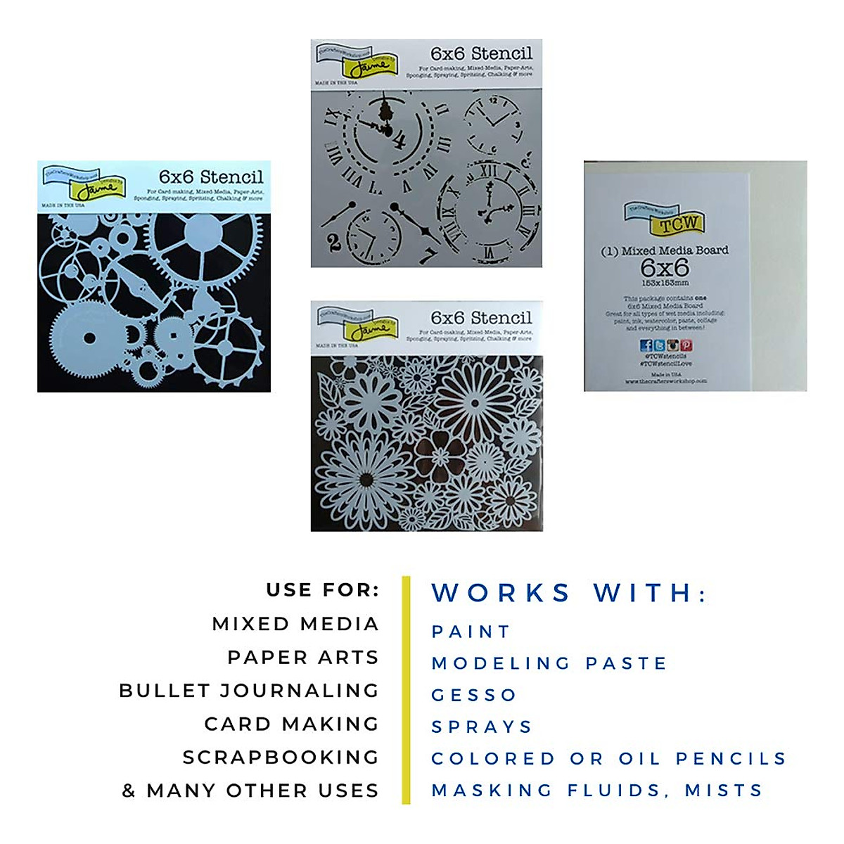 3 Crafters Workshop Mixed Media Stencils | Gears, Clock, Steampunk, Watch Face, Flower Designs | for Journaling, Scrapbooking, Card Making | 6 Inch x 6 Inch Templates Set with Board, Total 4 Items