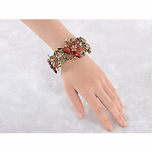 Alilang Womens Antique Golden Tone Red Rhinestone Floral Lily Poinsettia Flower Bangle Cuff Bracelet
