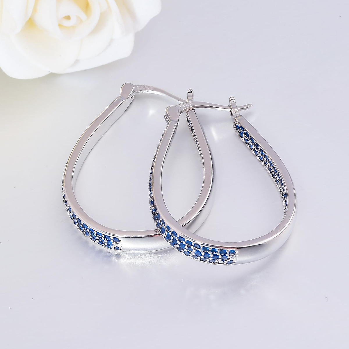 CiNily 925 Sterling Silver Post Big Sapphire Blue Cubic Zirconia Hoop Earrings for Women Large Oval Chunky Hoop Earrings 14K White Gold Plated Gemstone Earrings