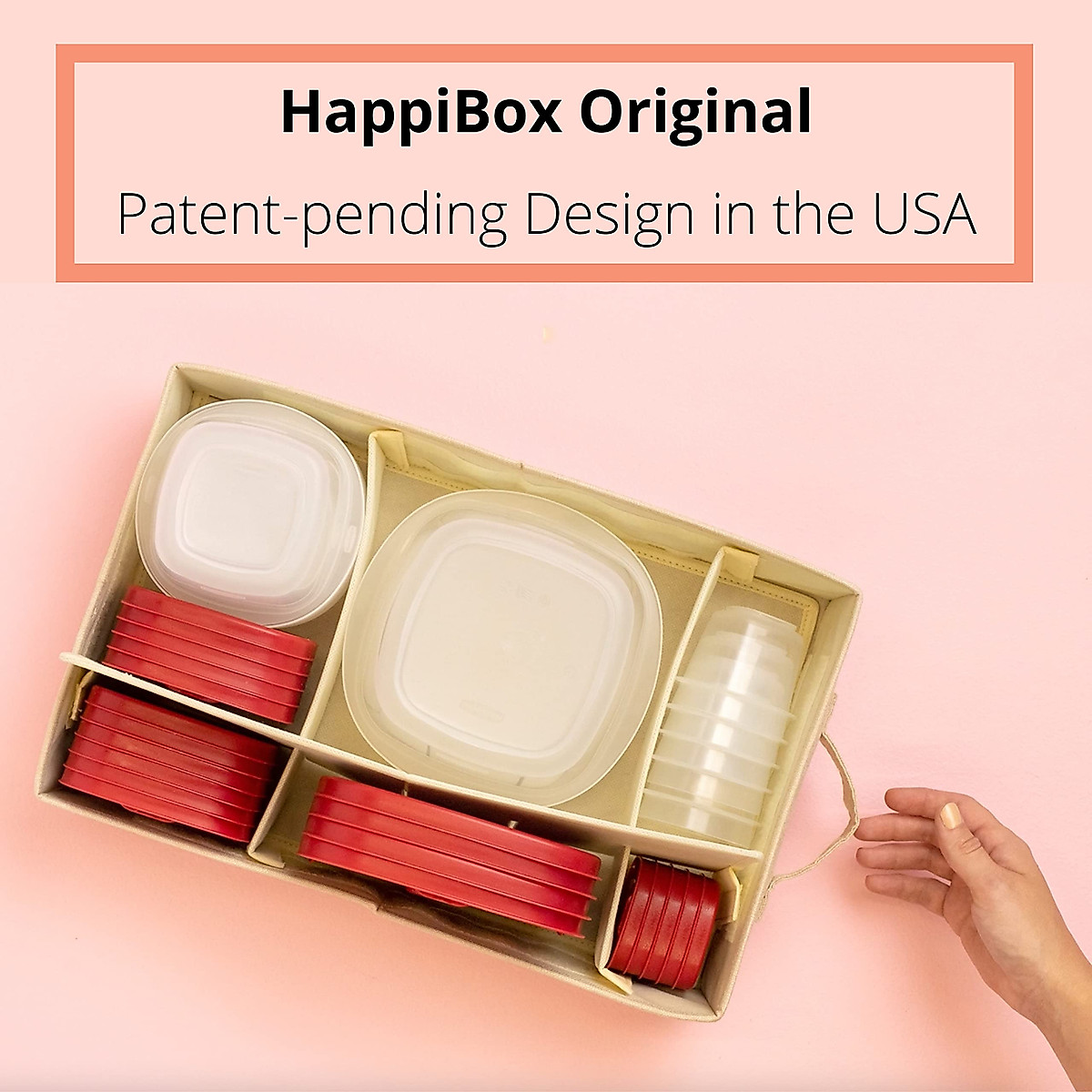 HappiBox Food Storage Container Organizer Box – Kitchen Drawer Organizer Compatible with Tupperware, Rubbermaid, Glad Containers and Lids – Adjustable Foldable Cloth Box