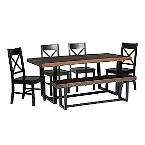 Walker Edison Barnes 6-Piece Rustic Metal and Wood Dining Table with X-Back Chairs, Set of 6, Mahogany/Black
