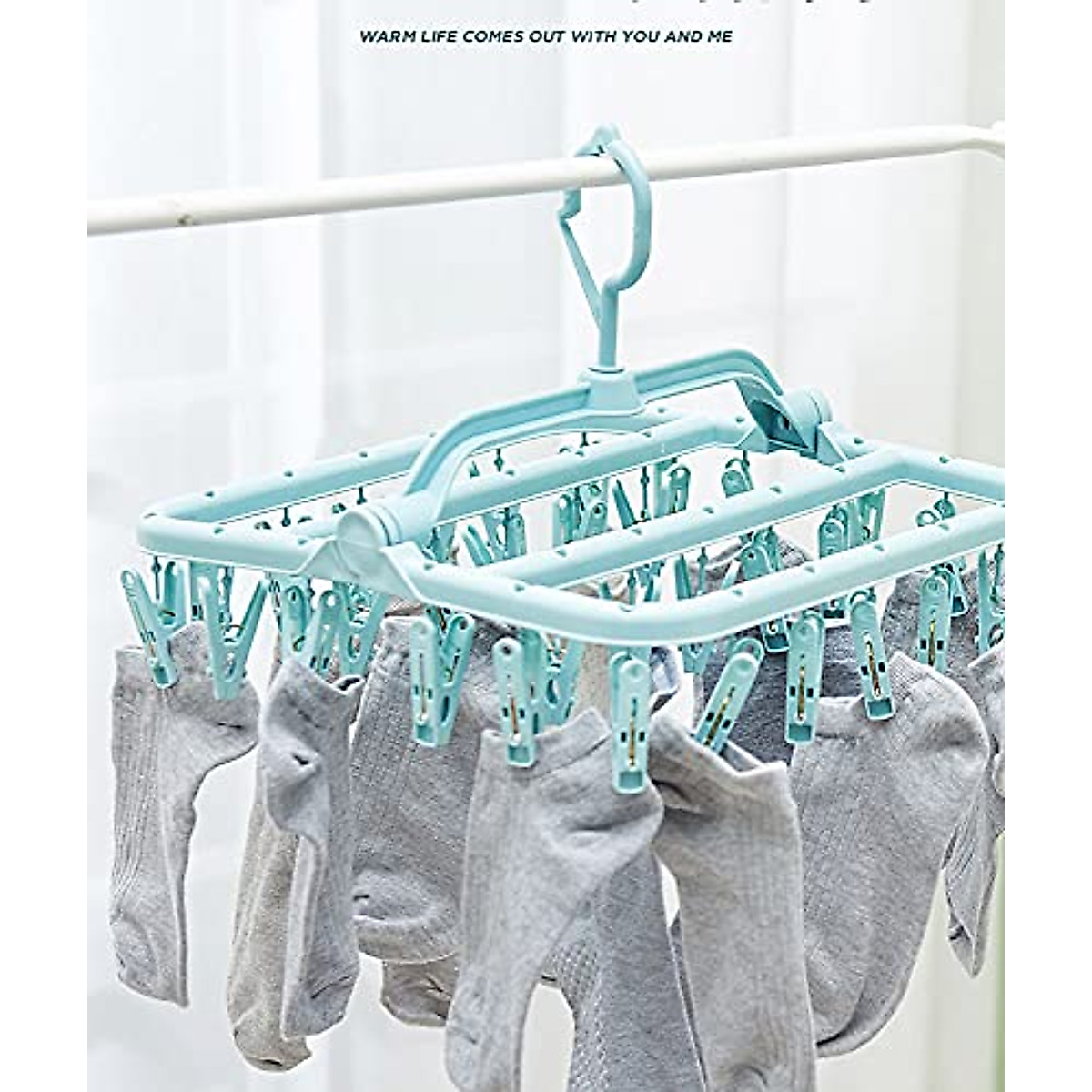 Radefasun Clip and Drip Hanger with 32 Clips Plastic Swivel Hook Portable Folding Drying Rack Baby Clothes Hanger Foldable Travel Accessories for Socks Bras Lingerie Towels Underwear Gloves (Blue, 32)