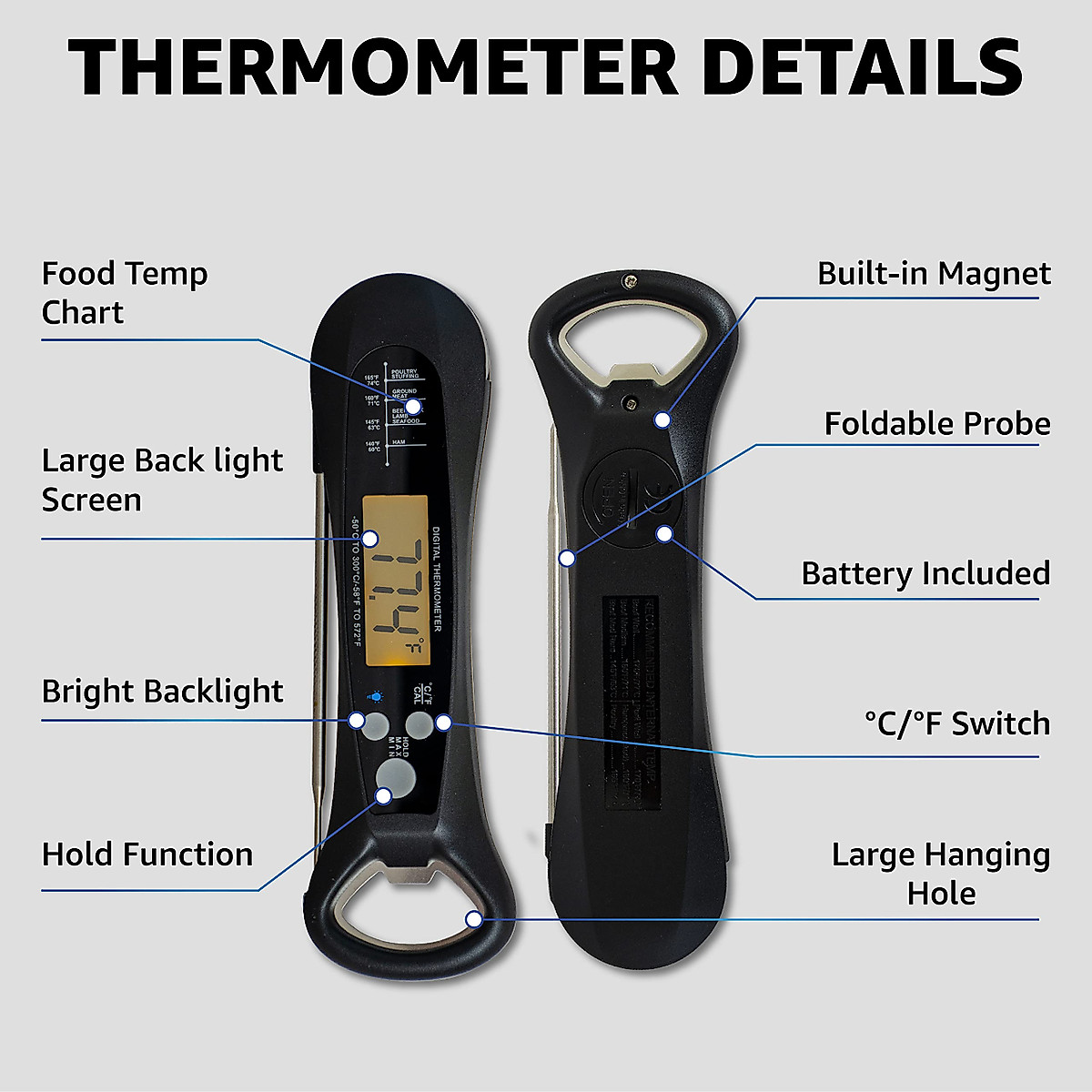 Genesis IMPEX Instant Read Meat Thermometer for Grill & Cooking, Digital Waterproof Kitchen Food Thermometer, Ultra Fast with Backlight Calibration, Foldable Probe Deep Fry, BBQ, and Roast Turkey