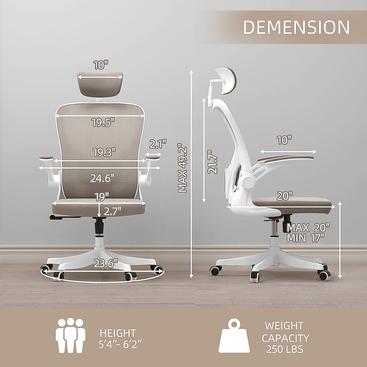Monhey Ergonomic Office Chair Office Chair with Lumbar Support & Headrest & Flip-up Arms Height Adjustable Rocking Home Office Desk Chairs Swivel High Back Computer Chair Warm Taupe Mesh Study Chair