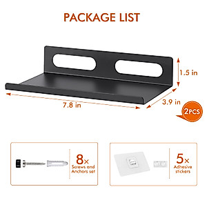 LIGHT DUST Adhesive Small Shelf for Wall - No Drill Black Metal Shelves with Lip Set of 2 Narrow Short Size - Wall Mount Storage Floating Display Rack for Kitchen Bathroom Dorm Apartment Office