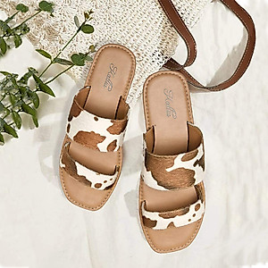 katliu Women's Flat Sandals Two Strap Slide Sandals Open Toe Cow Print Brown 8