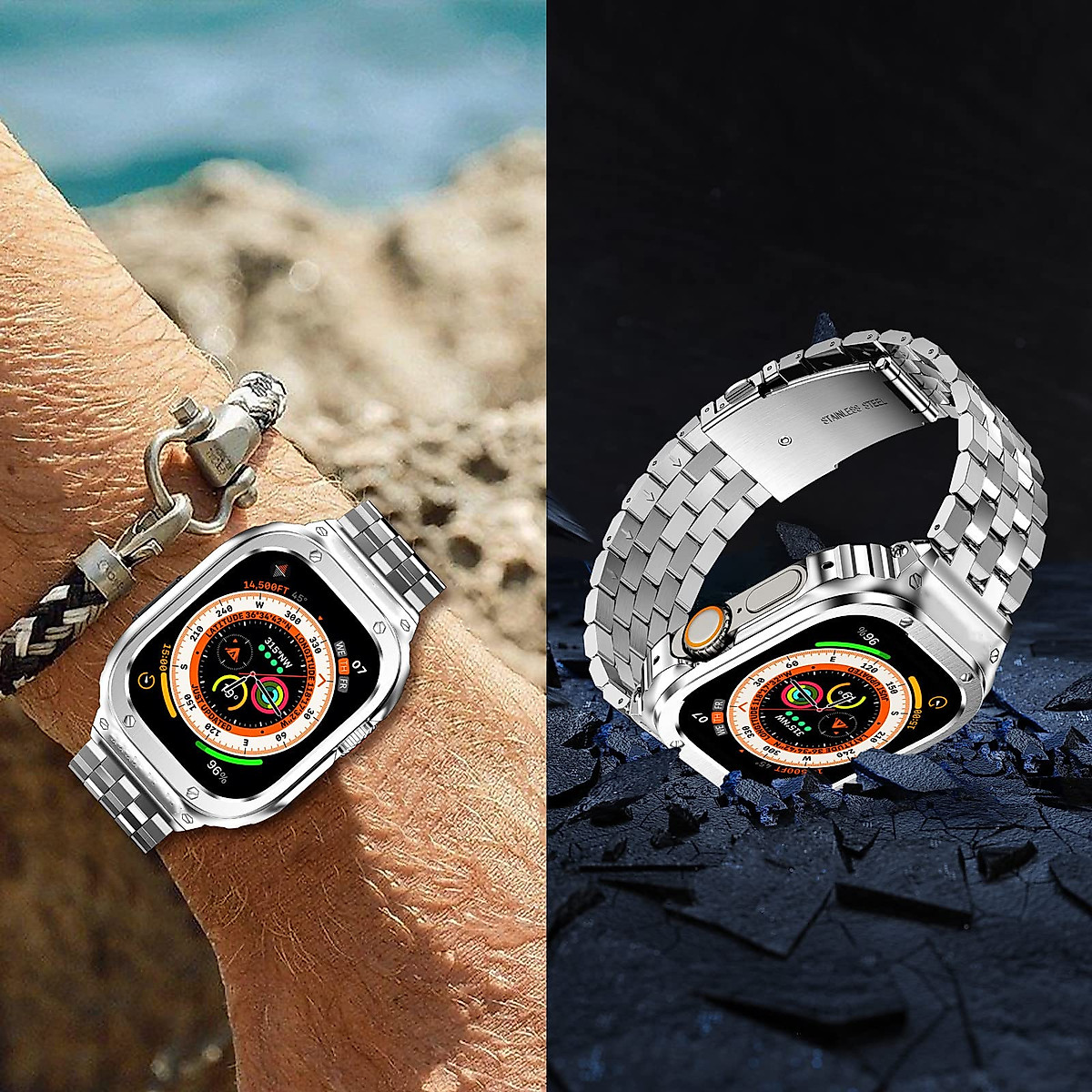 SUPLINK Stainless Steel Case with Band Compatible with Apple Watch Ultra 2/1 49mm Metal Rugged Protector Cover for iWatch Men (Silver)